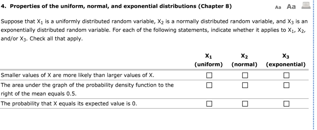 properties of the uniform normal and exponential distributions chapter 8 aa aa e suppose that x ...