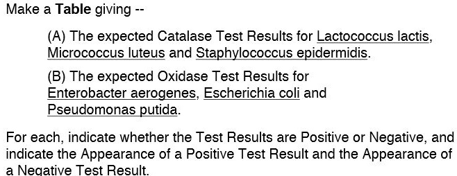 Make a Table giving – (A) The expected Catalase Test Results for ...