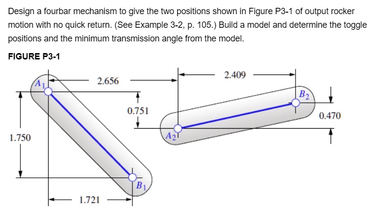 Design a fourbar mechanism to give the two positions shown in Figure P3-1 of output rocker ...