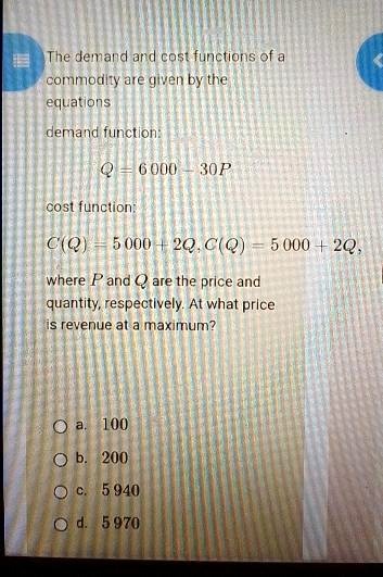 The demand and cost functions of a commodity are given by the equations demand function: Q ...
