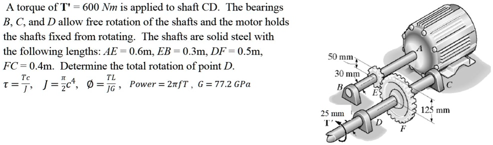 A torque of T' = 600 Nm is applied to shaft CD. The bearings B, C, and ...