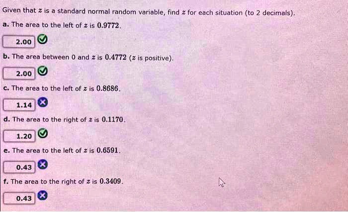 SOLVED: Given that is a standard normal random variable,find z for each situation (to 2 decimals ...