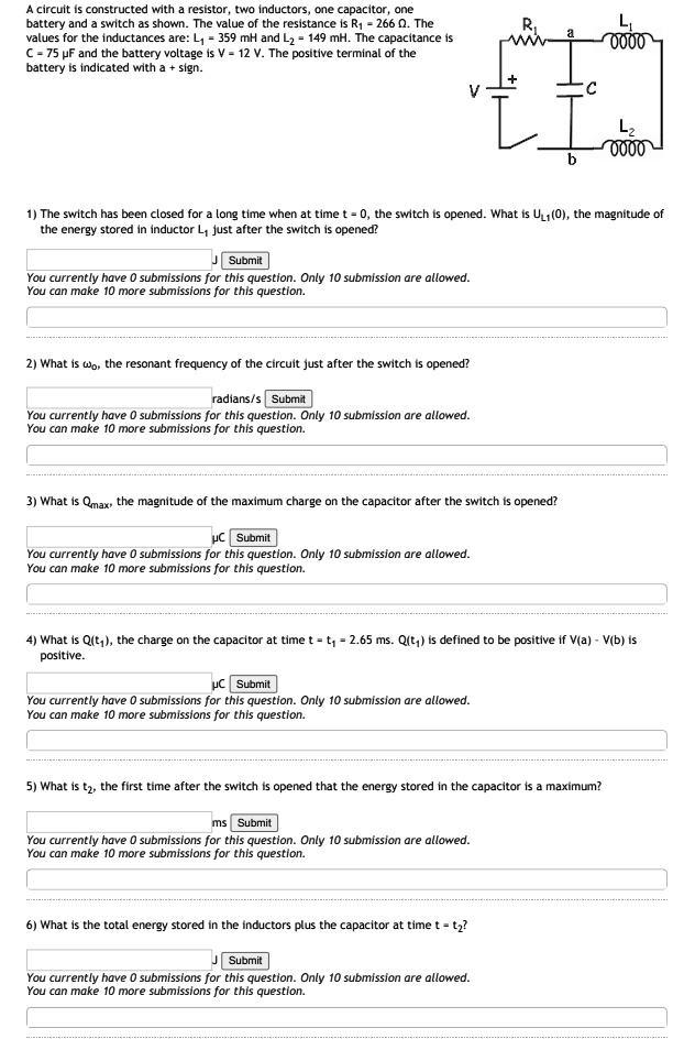 SOLVED: circult constructed with resistor Inductors capacitor, battery and switch as shown The ...