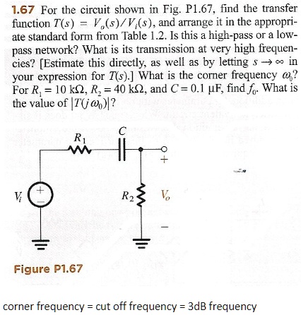 SOLVED: For the circuit shown in Fig.P1.67, find the transfer function ...