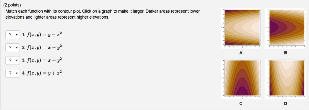 (2 points) Match each function with its contour plot. Click on a graph to make it larger: Darker ...