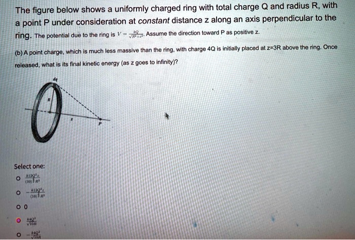 SOLVED: The figure below shows a uniformly charged ring with a total ...