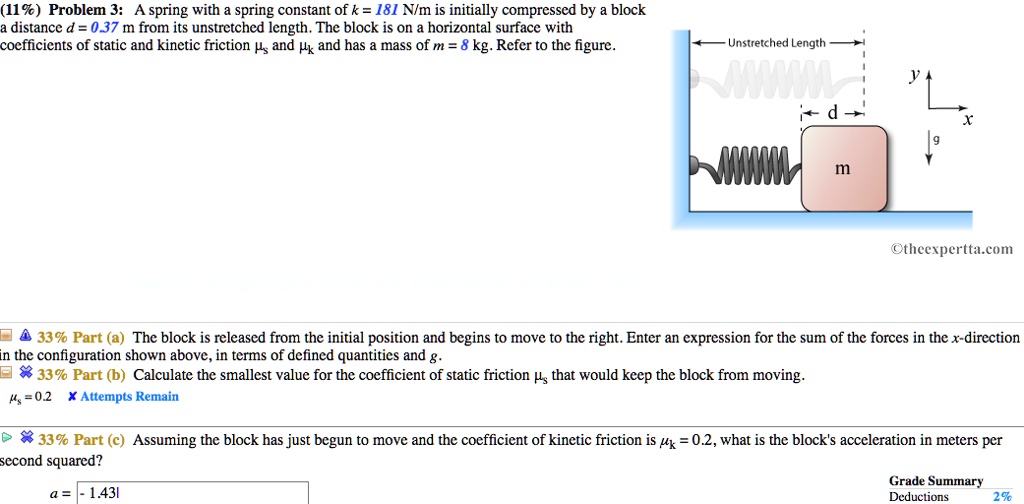 SOLVED: Problem 3: A spring with spring constant k = 181 N/m is ...