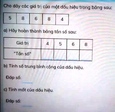 Cho dây các giá tr? c?a m?t d?u hi?u trong b?ng sau: 5 8 6 8 4 a) Hãy hoàn thành b?ng t?n s? sau ...