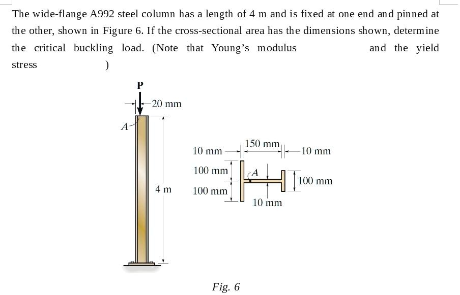 The wide-flange A992 steel column has a length of 4 m and is fixed at ...