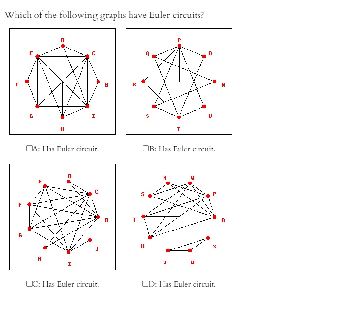 Which of the following graphs have Euler circuits? JA: Has Euler circuit. B: Has Euler circuit ...