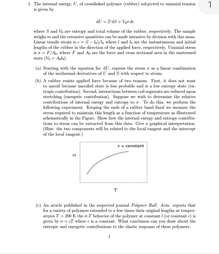 SOLVED: The internal energy, U, of crosslinked polymer (rubber) subjected to uniaxial tension is ...
