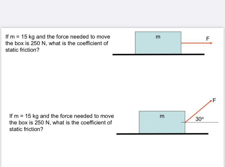 SOLVED: If m=15 kg and the force needed to move the box is 250 N, what ...