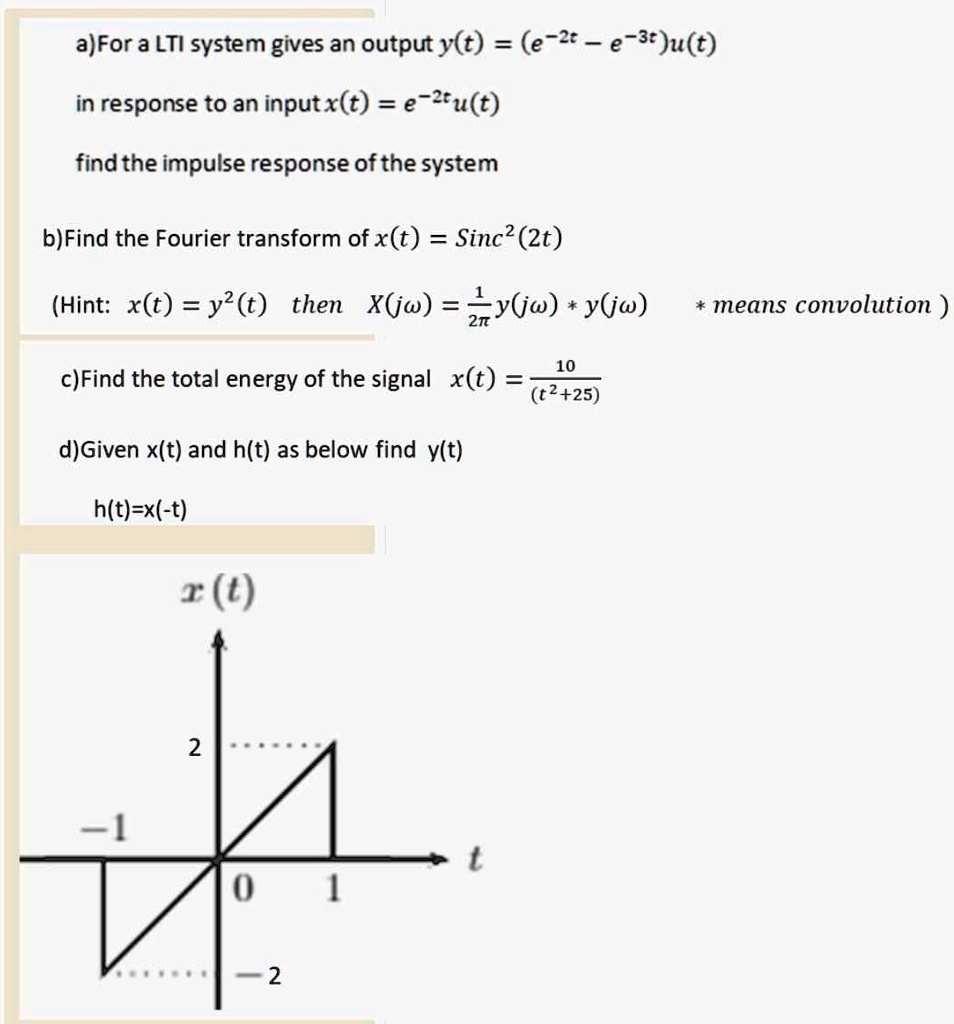SOLVED: a) For an LTI system that gives an output y(t) = e^(-z) * e^(3t) * u(t) in response to ...