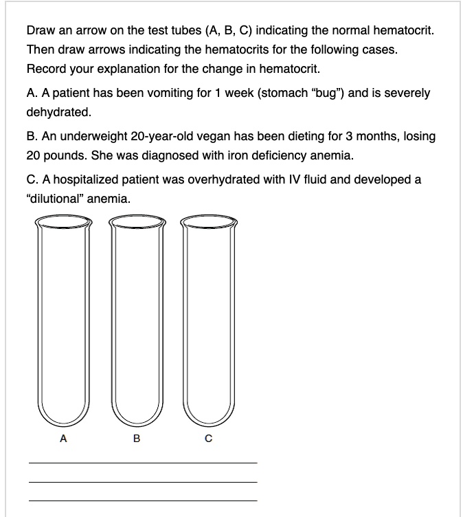 hematocrit measurements draw an arrow on the test tubes a b c ...
