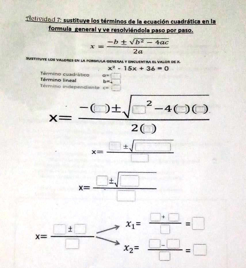 SOLVED: Actividad 7: sustituye los términos de la ecuación cuadrática ...