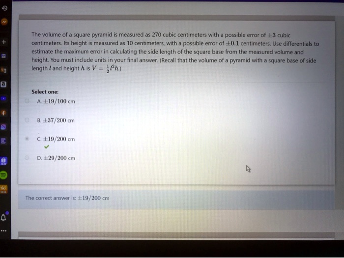 SOLVED: The volume of a square pyramid measured 270 cubic centimeters ...