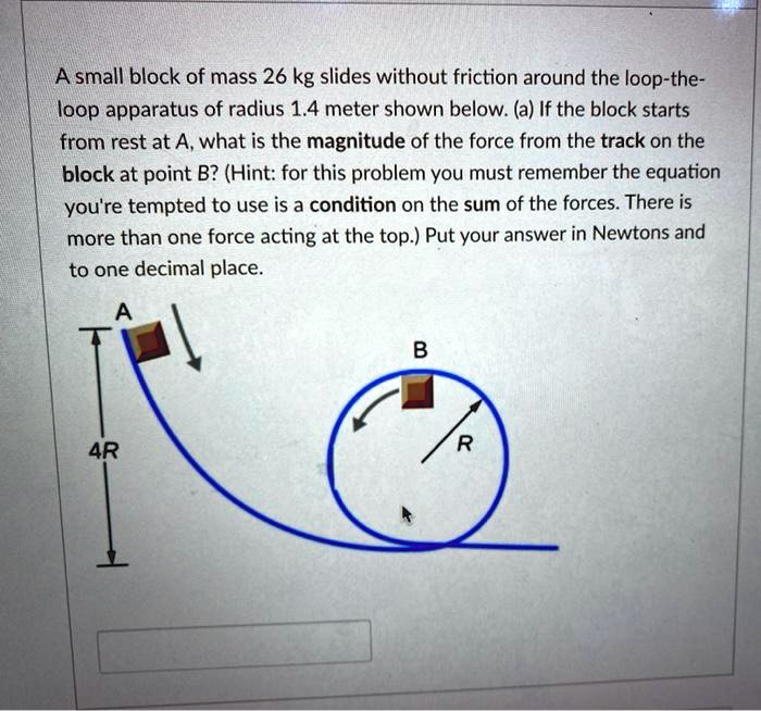 SOLVED:A small block of mass 26 kg slides without friction around the loop-the- loop apparatus ...