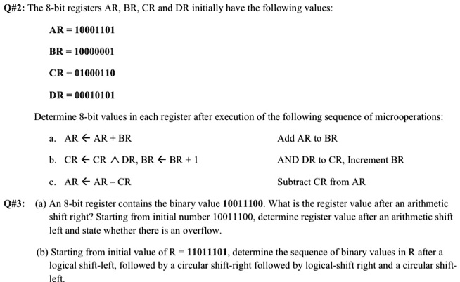 Q#2: The 8-bit registers AR, BR, CR, and DR initially have the following values: AR = 10001101 ...