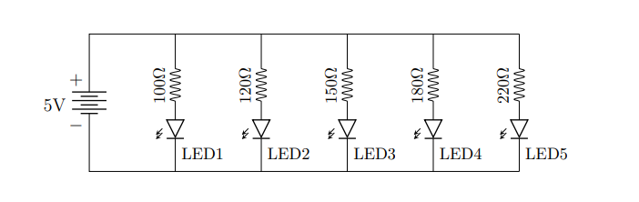 5V + — — — — — 100? LED1 120? LED2 150? LED3 180? LED4 220?...