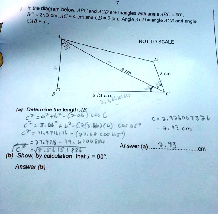 5 7 In the diagram below, ABC and ACD are triangles with angle ABC = 90°, BC = 2?3 cm, AC = 4 cm ...