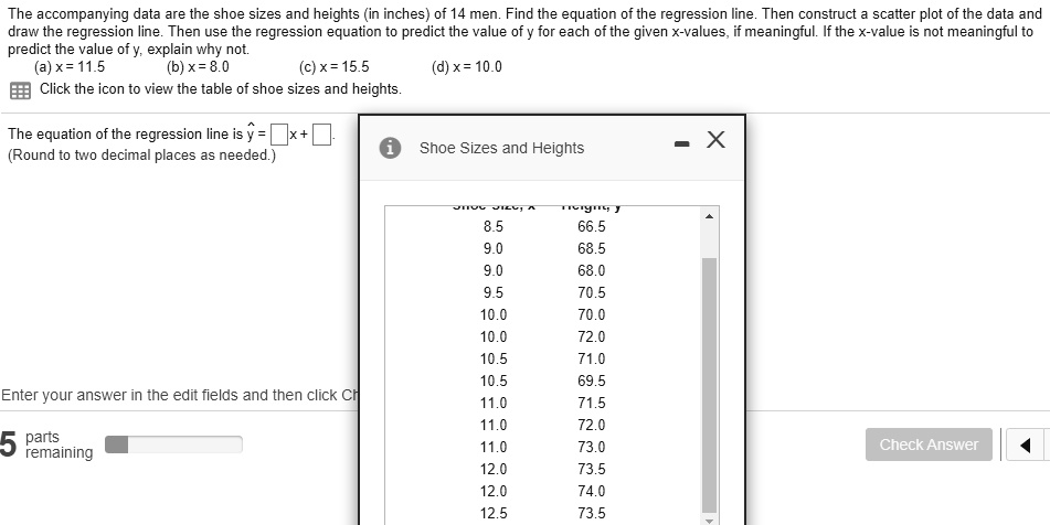 the accompanying data are the shoe sizes and heights in inches of 14 ...