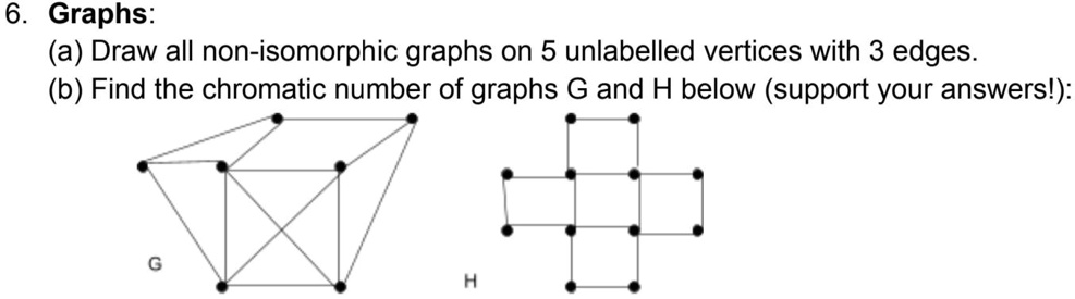 SOLVED: 6 Graphs: (a) Draw all non-isomorphic graphs on 5 unlabelled vertices with 3 edges: (b ...