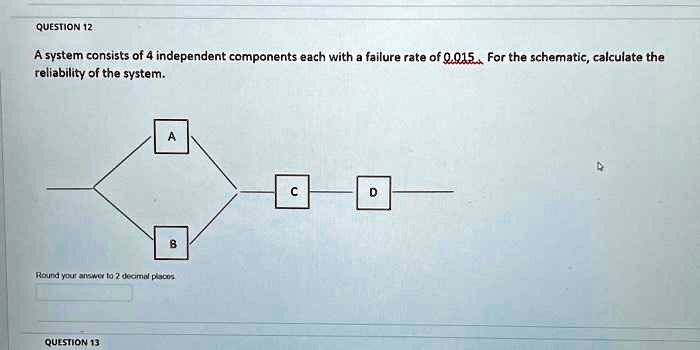 QUESTION 12 A system consists of 4 independent components each with a failure rate of 0.015. For ...
