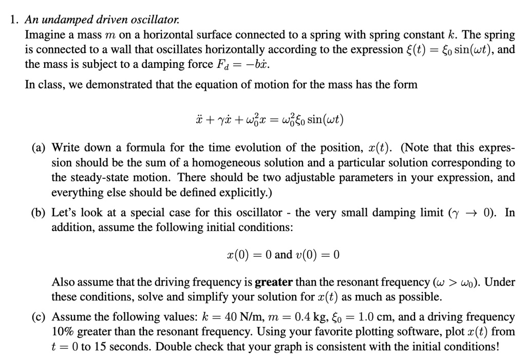 SOLVED: An undamped driven oscillator. Imagine a mass m on a horizontal surface connected to a ...