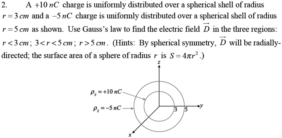 2. A +10 nC charge is uniformly distributed over a spherical shell of radius r = 3 cm and a -5 ...