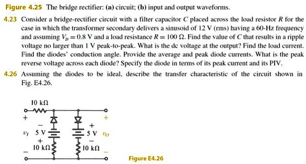 Figure 4.25 The bridge rectifier: (a) circuit; (b) input and output waveforms. 4.23 Consider a ...