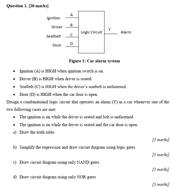 Question 1 [20 Marks] A Ignition B Driver Y Logic Circuit Alarm