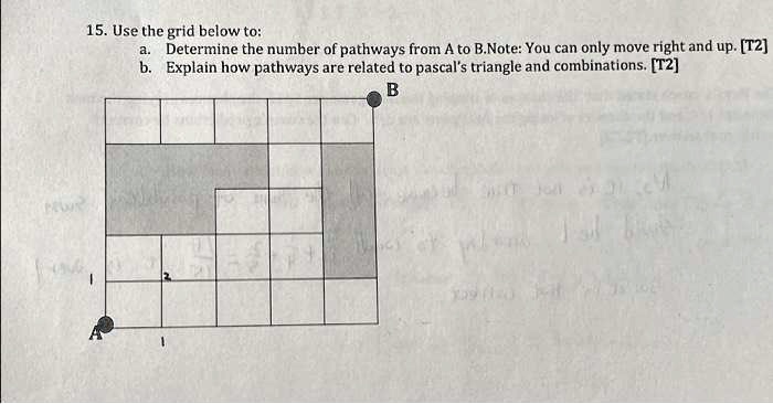 15. Use the grid below to: a. Determine the number of pathways from A to B.Note: You can only ...