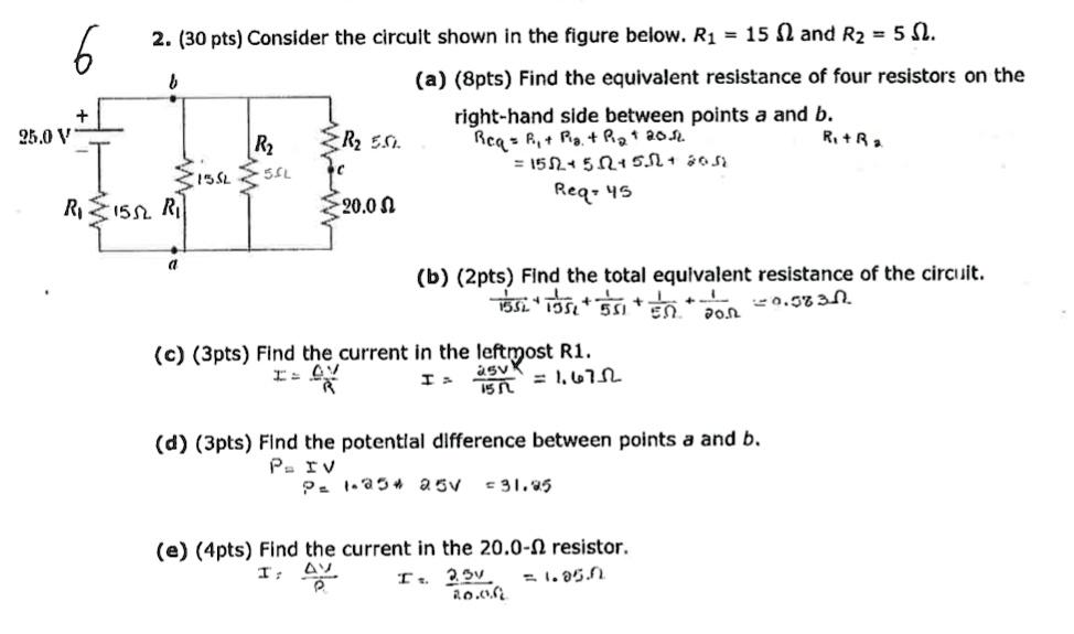 SOLVED: 2. (30 pts) Consider the circult shown in the figure below. Ri 15 Q and Rz 5 (a) (8pts ...