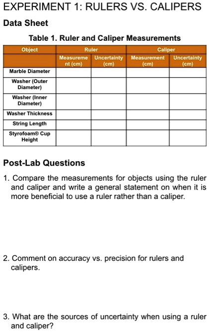 SOLVED: EXPERIMENT 1: RULERS VS. CALIPERS Data Sheet Table 1. Ruler and ...