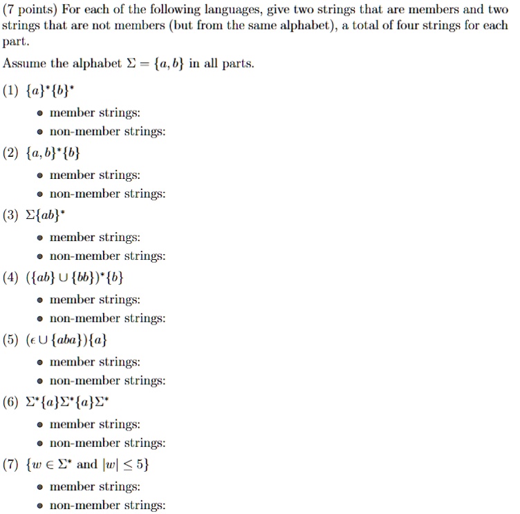 SOLVED: For each of the following languages, give two strings that are ...