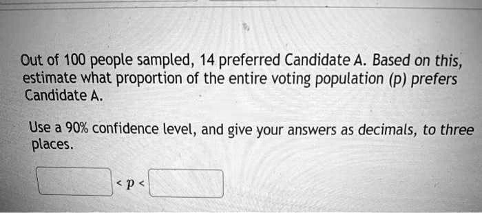 SOLVED: Out of 100 people sampled, 14 preferred Candidate A Based on ...