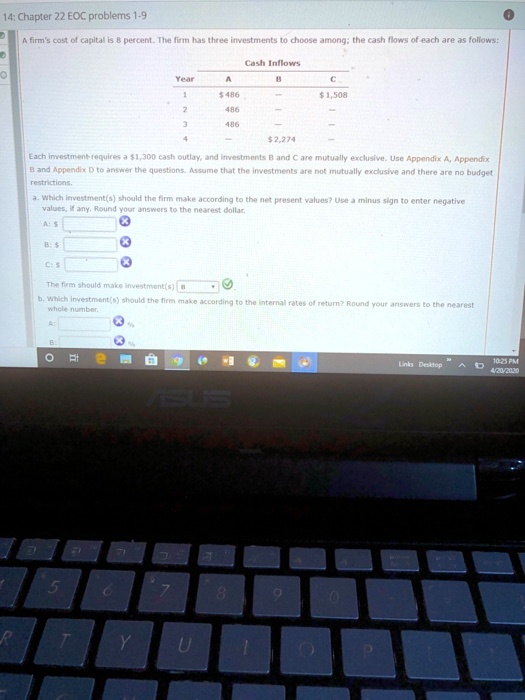 14: Chapter 22 EOC problems 1-9 A firm's cost of capital is 8 percent. The firm has three ...