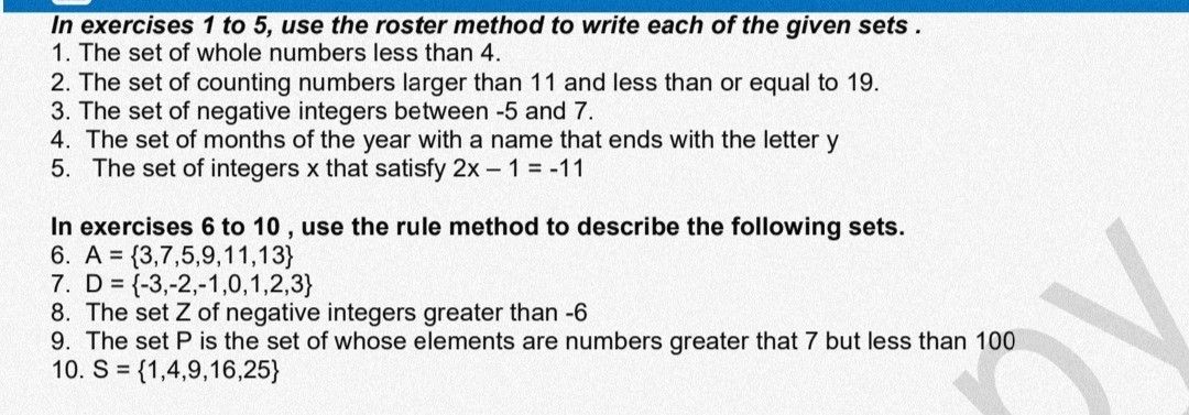 SOLVED: In exercises 1 to 5 , use the roster method to write each of ...