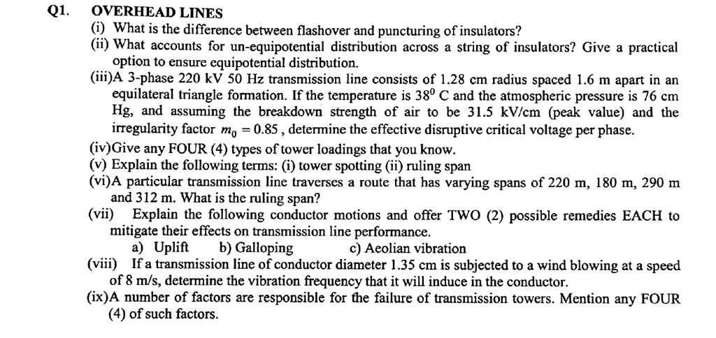 q1 overhead lines i what is the difference between flashover and puncturing of insulators ii ...