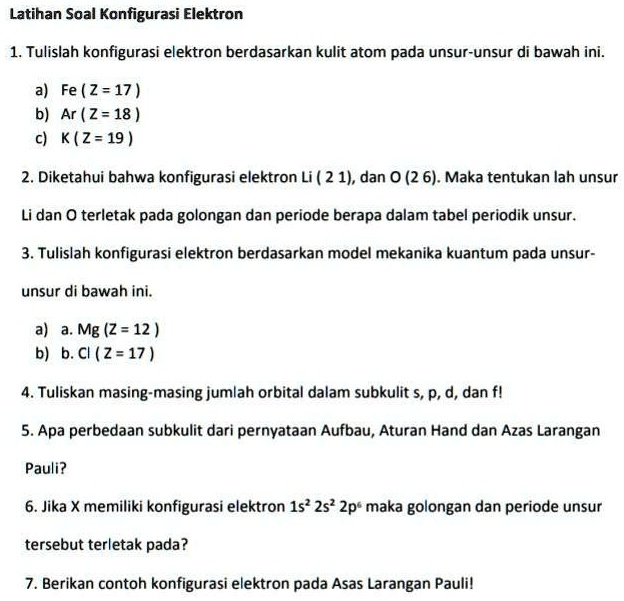 SOLVED: Konfigurasi elektron Latihan Soal Konfigurasi Elektron 1 ...