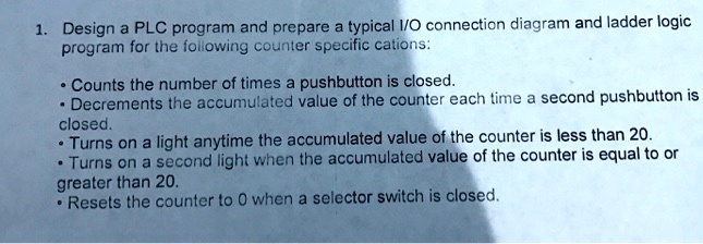 SOLVED: 1. Design a PLC program and prepare a typical I/O connection diagram and ladder logic ...