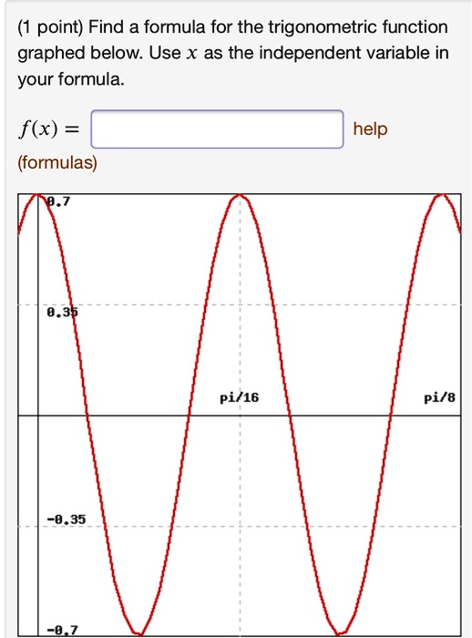 SOLVED: point) Find a formula for the trigonometric function graphed below: Use x as the ...