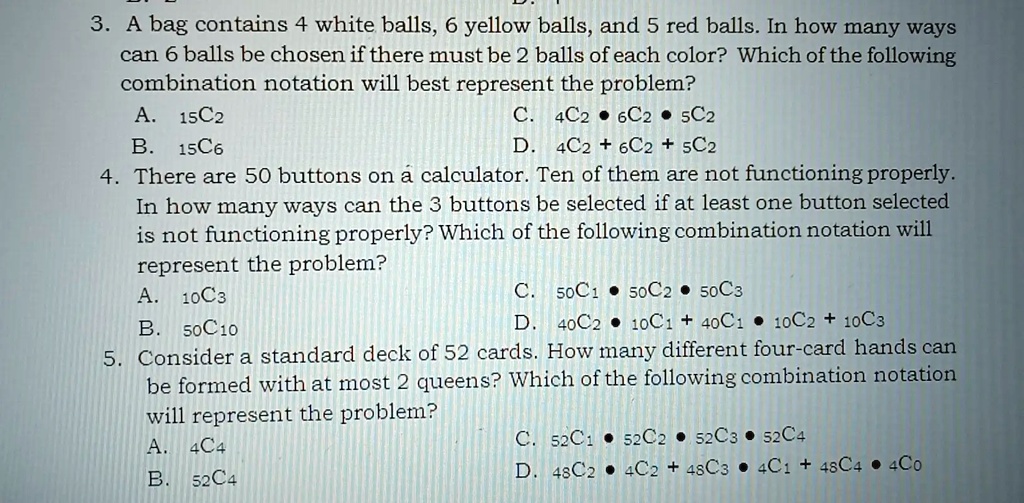 SOLVED: A bag contains 4 white balls, 6 yellow balls, and 5 red balls ...