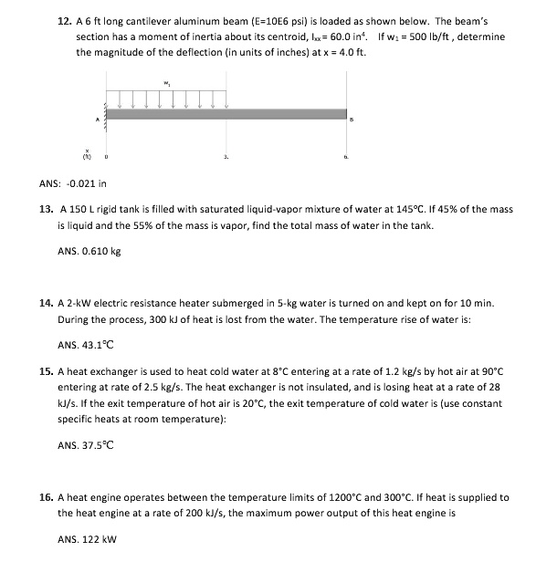 12. A 6 ft long cantilever aluminum beam (E=10E6 psi) is loaded as ...