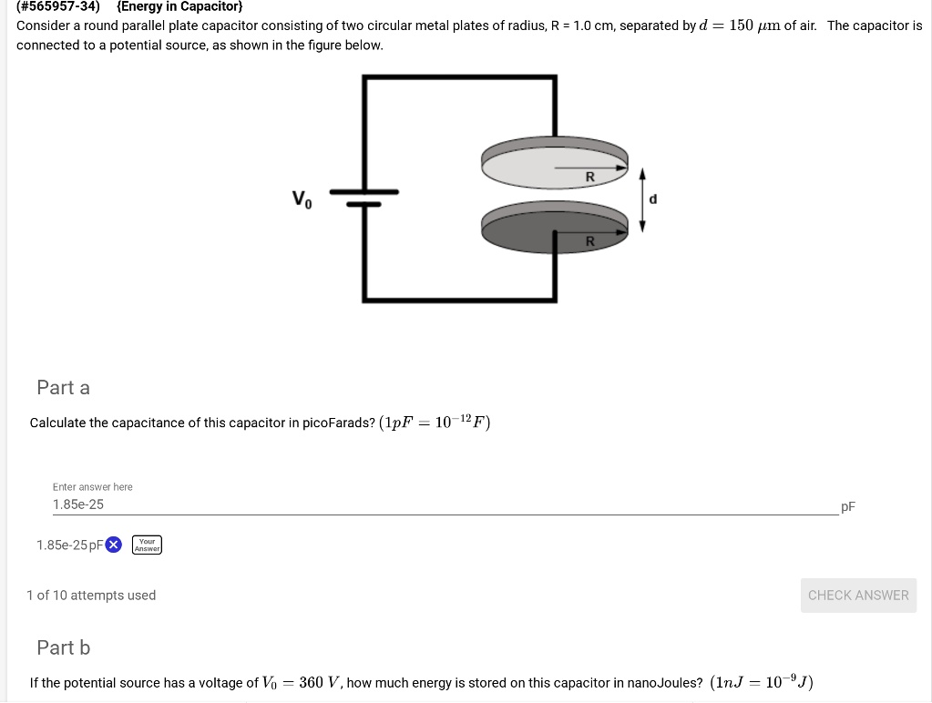 SOLVED: (#565957-34) Energy in Capacitor Consider round parallel plate ...