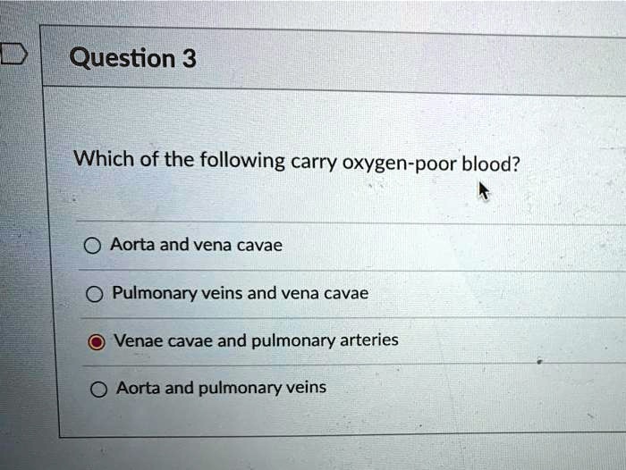 SOLVED: Question 3 Which of the following carry oxygen-poor blood? O Aorta and vena cavae O ...