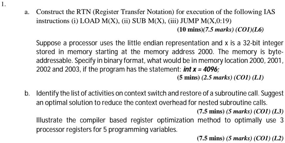 Solved Construct The Rtn Register Transfer Notation For Execution Of The Following Ias 