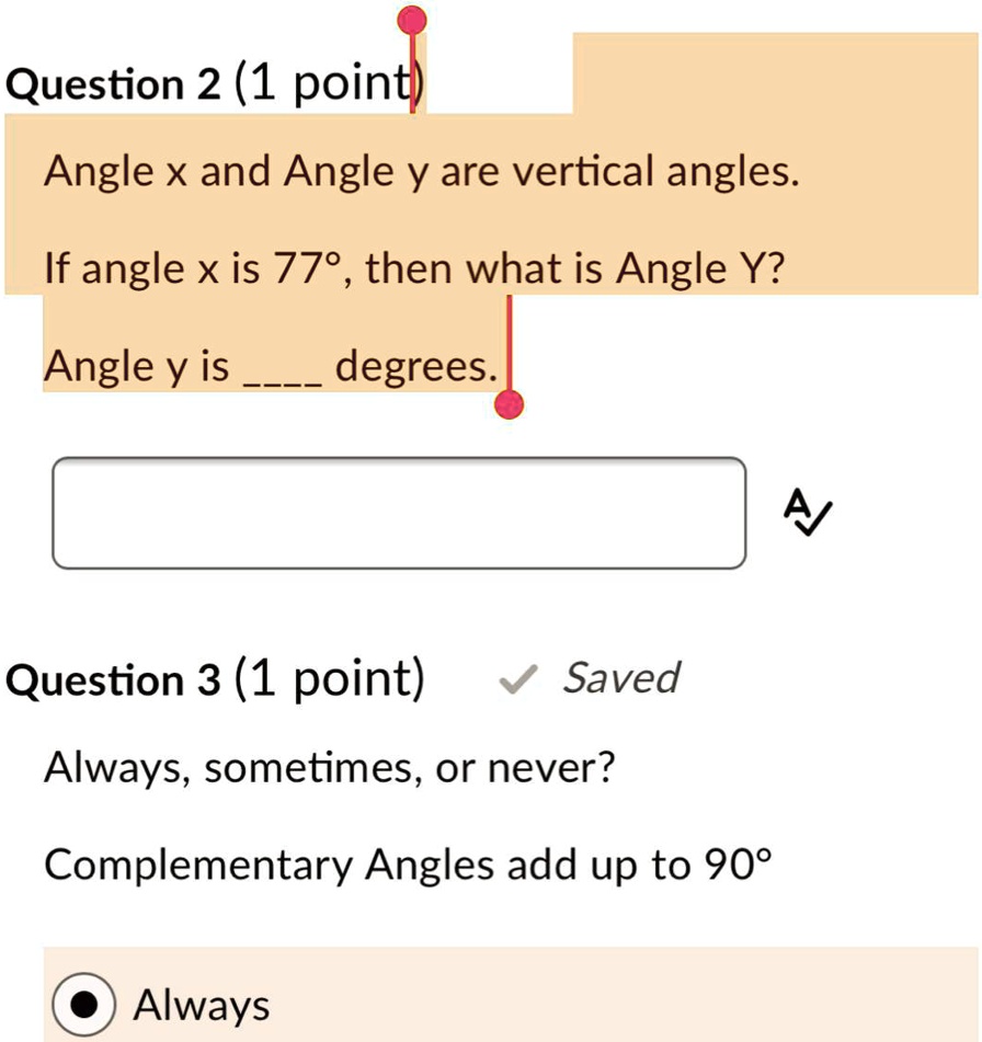 SOLVED: 'Angle x and angle y are vertical angle.if angle x is 77 then ...
