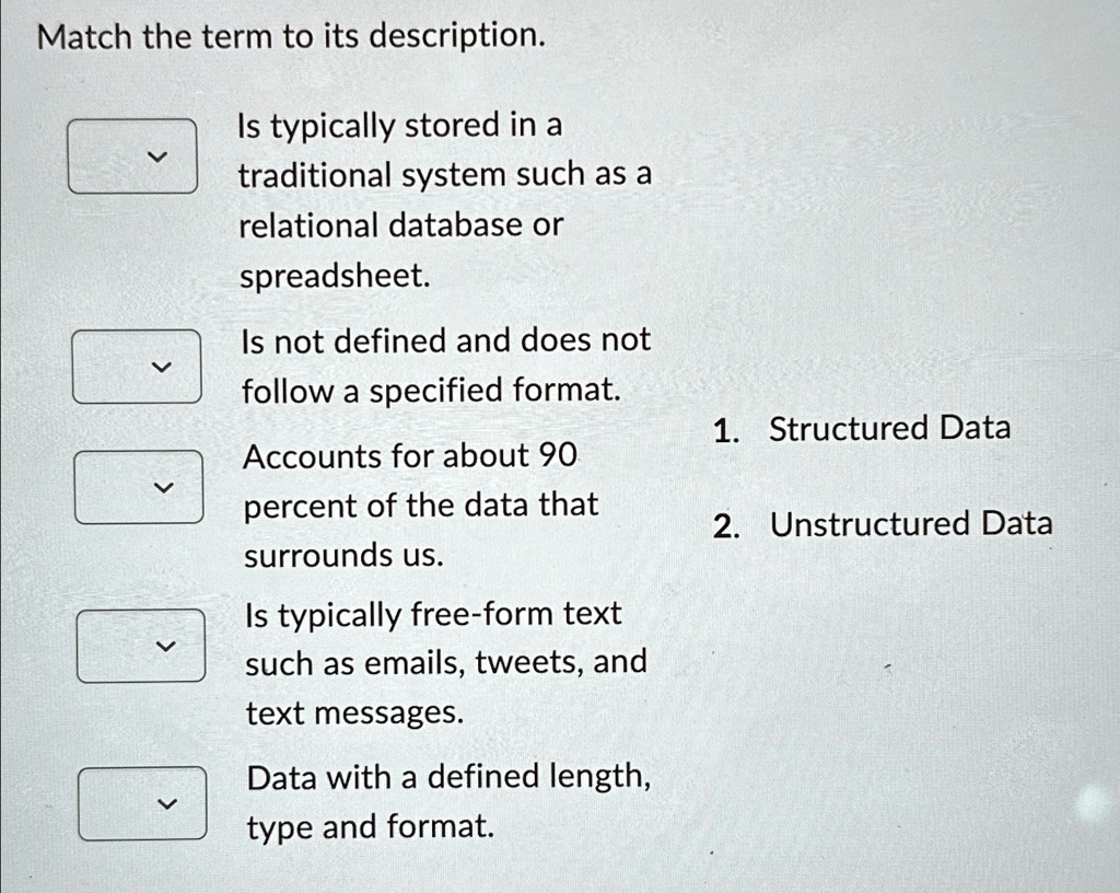 SOLVED: Match the term to its description. Is typically stored in a traditional system such as a ...