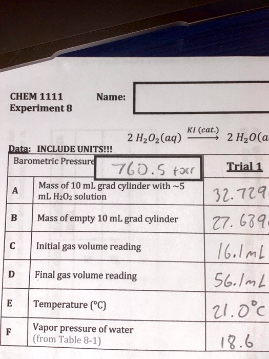 SOLVED: CHEM 1111 Experiment 8 Name: 2 H2O2(aq) (cat) H2O(aq) Data ...